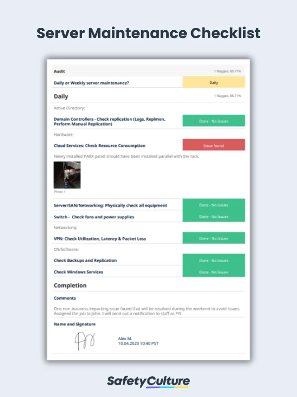 Free Server Maintenance Checklist | PDF | SafetyCulture